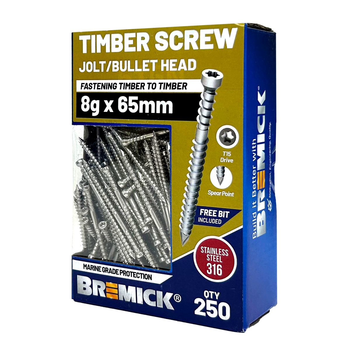 Bremick Jolt/Bullet Head SS316 8 x 65mm T15 Box 250 - Bunnings New Zealand