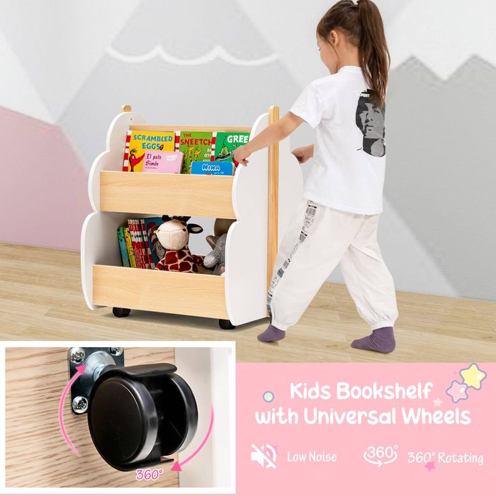 Costway 2-tier Kids Wood Bookcase Mobile Toy Storage Organiser ...