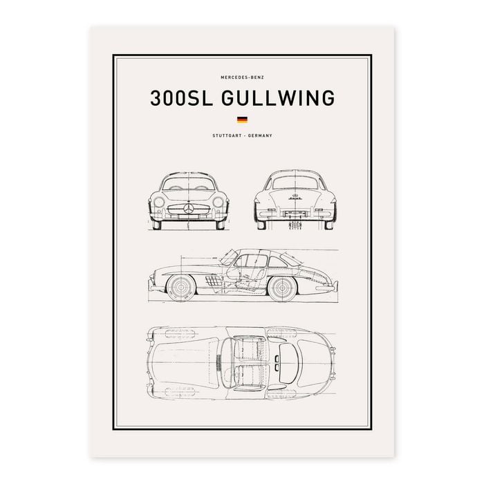 Classic Car Blueprint - Mercedes Benz 300SL Gullwing A1 Poster Print ...