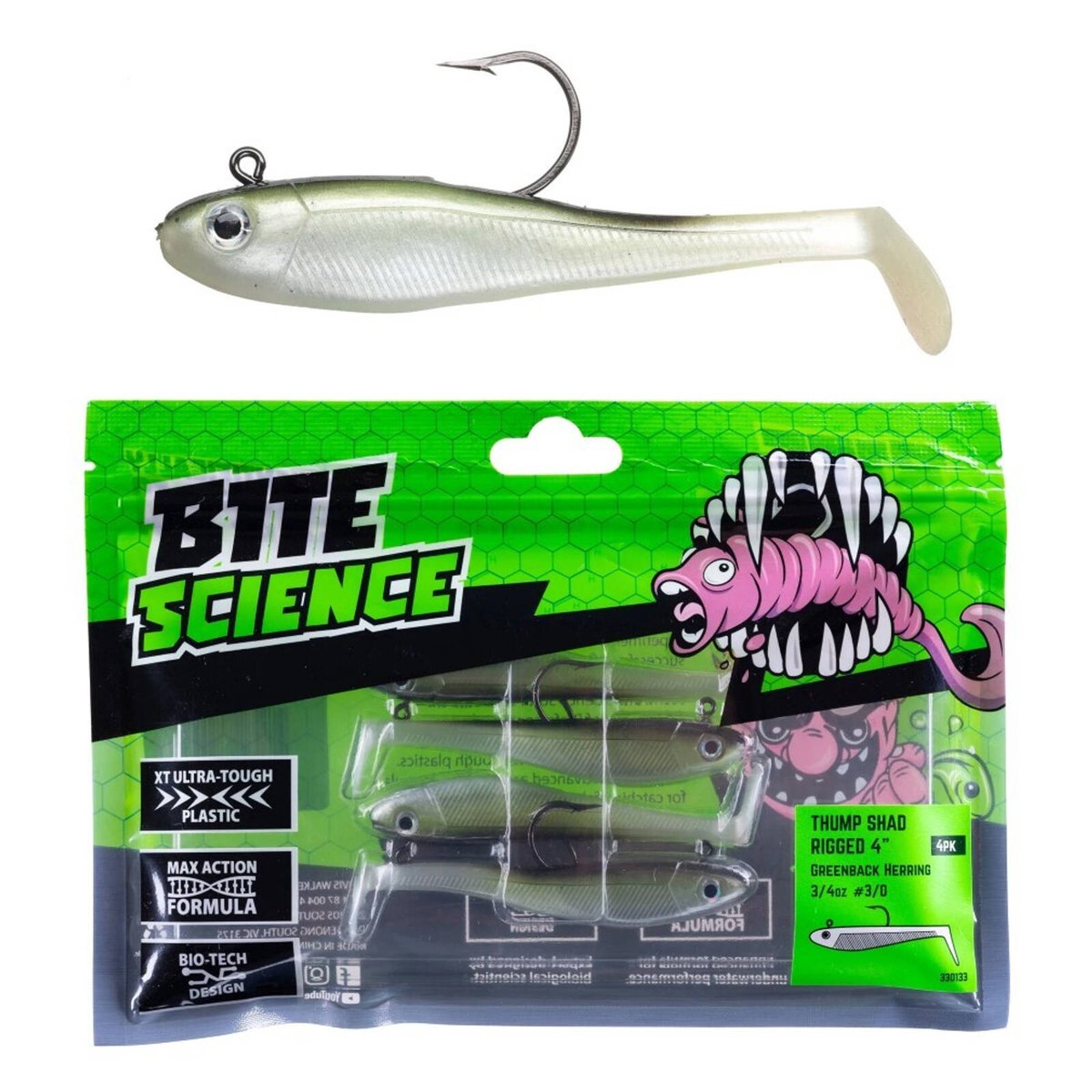 4 Pack of 4 Inch Bite Science Thump Shad Rigged Soft Plastics ...