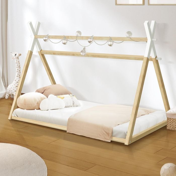 Oikiture Kids Bed Frame Wooden Timber King Single Teepee House Frame ...
