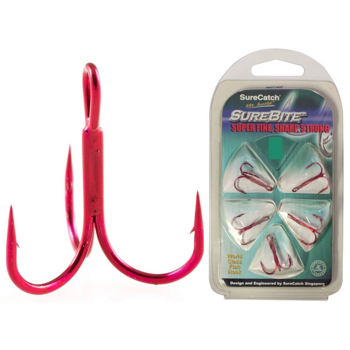 5 Pack of Surecatch Red Chemically Sharpened Treble Fishing Hooks [Size ...