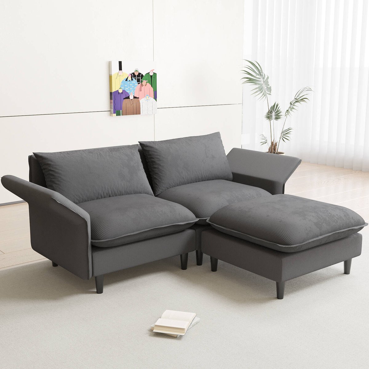 Advwin 160cm Loveseat Sofa with Ottoman Corduroy Sectional Couch with ...