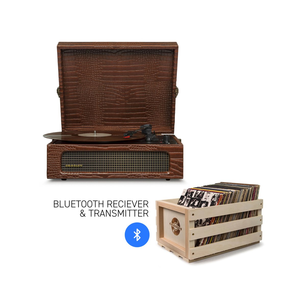 Crosley Voyager Bluetooth Portable Turntable - Brown Croc + Bundled ...