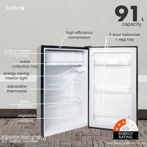 Huez 91L Black Glass Mini Fridge with Built-in Freezer Compartment ...