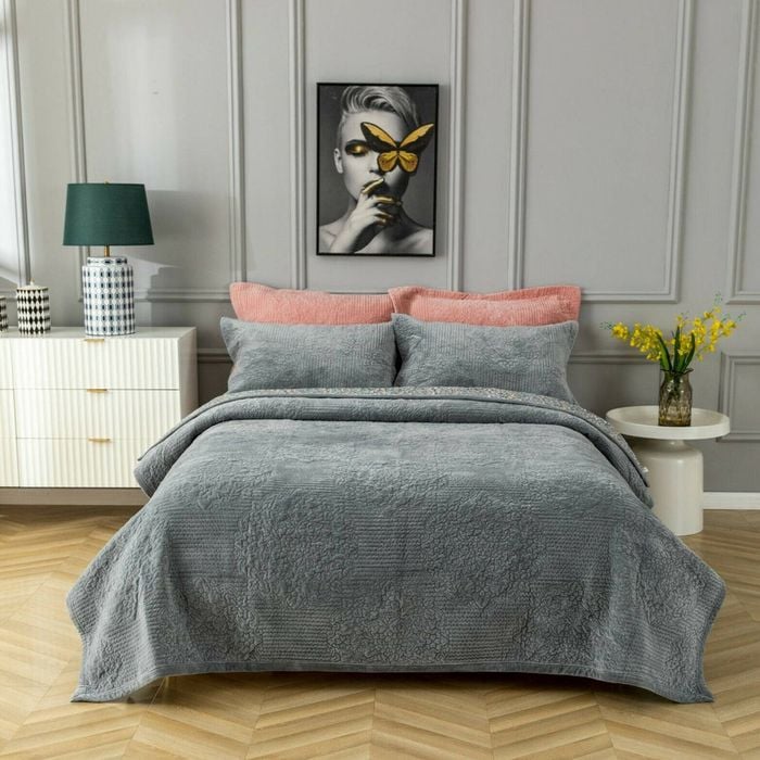 3 Pce 100% Cotton Velvet Reversible Quilted Coverlet Set Le Chateau ...