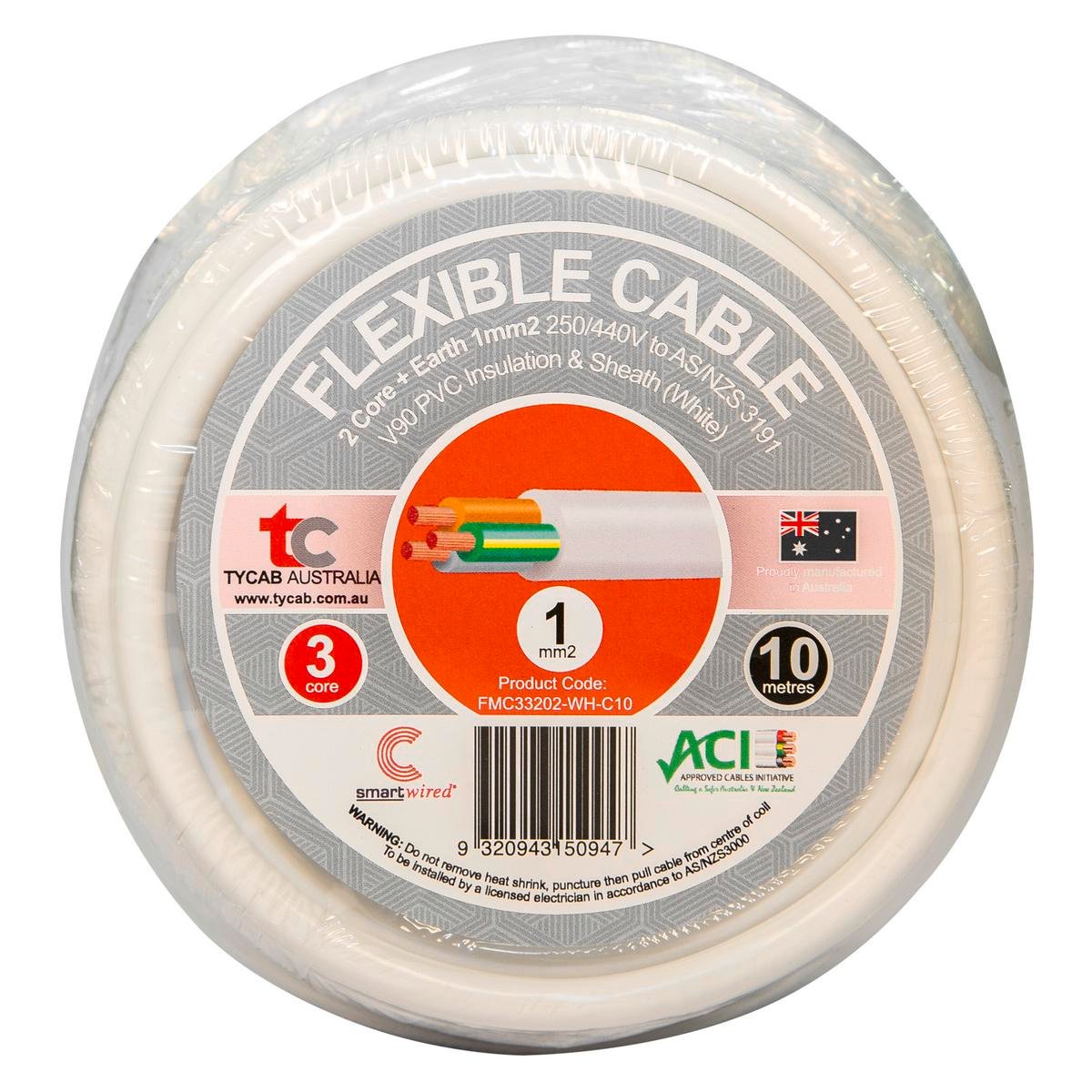 Tycab Cables 1mm² x 10m White 2 Core And Earth V90 Flexible Cable ...