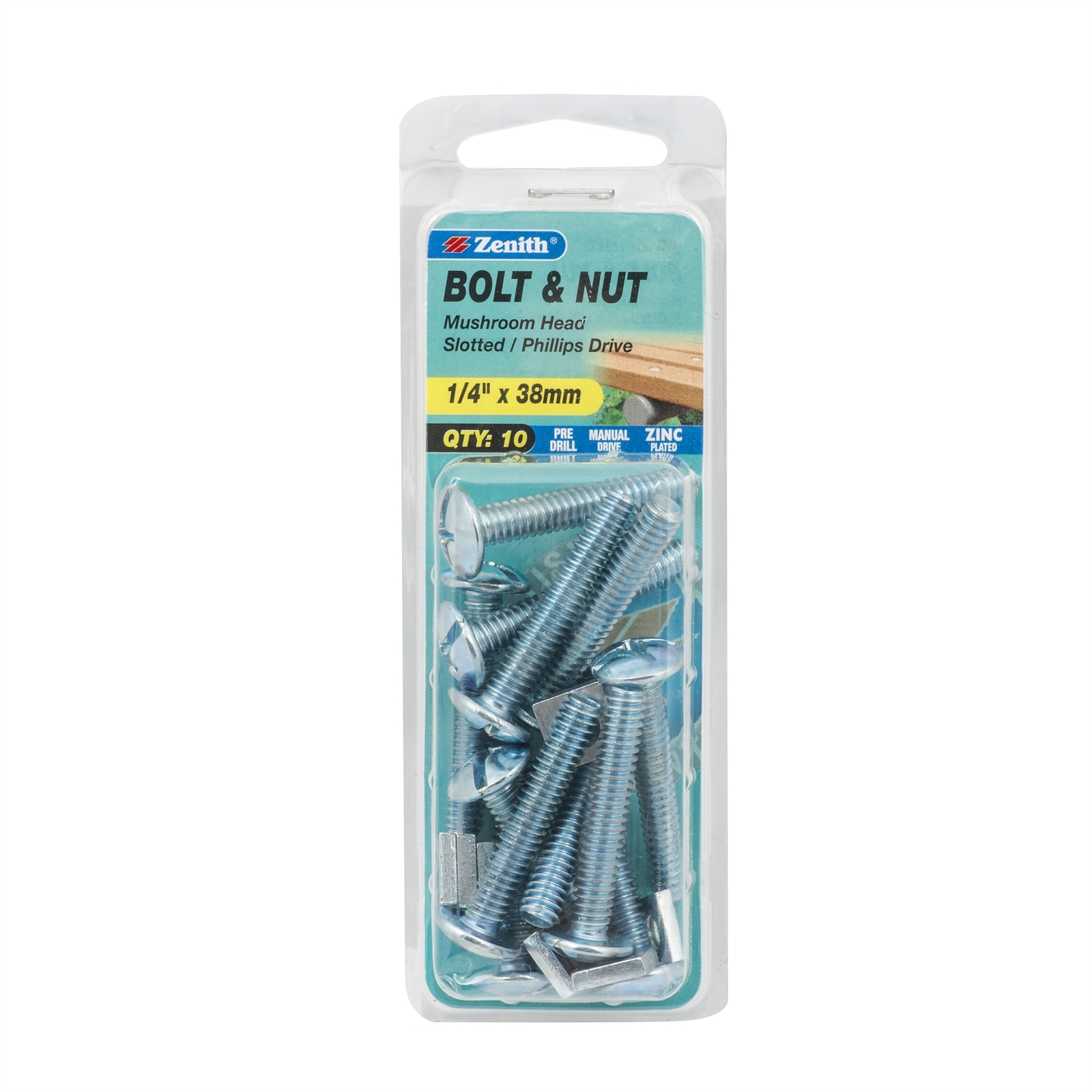 Zenith 1 4 x 38mm Zinc Plated Mushroom Head Bolt And Nut 10 Pack Bunnings Australia