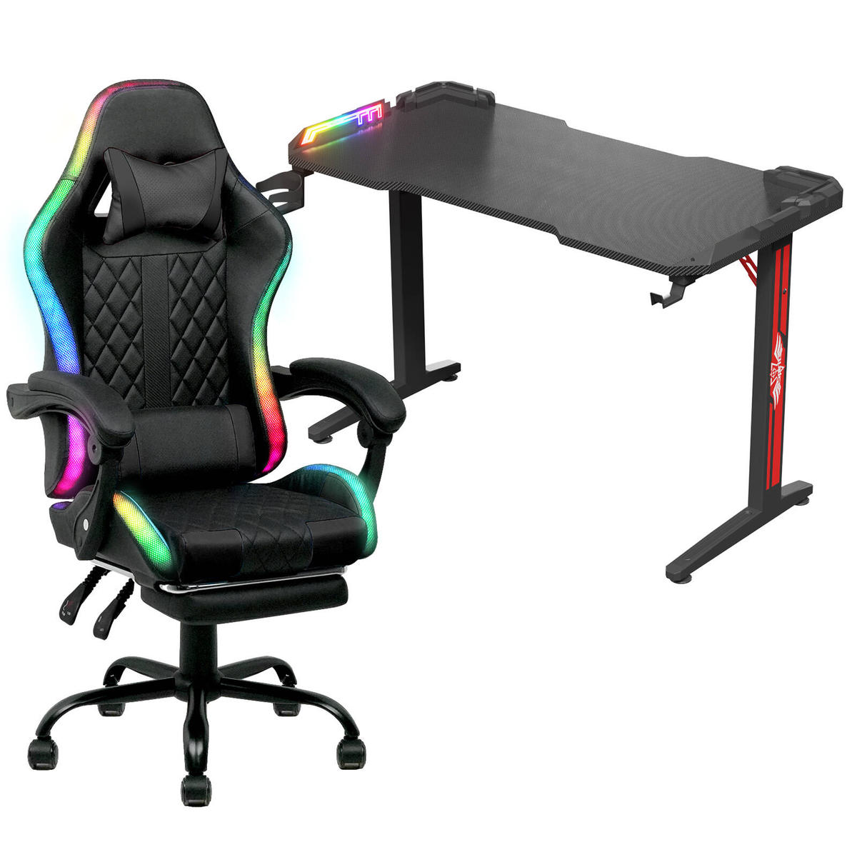 Advwin 120cm Black Gaming Desk RGB LED Light & Gaming Chair with ...
