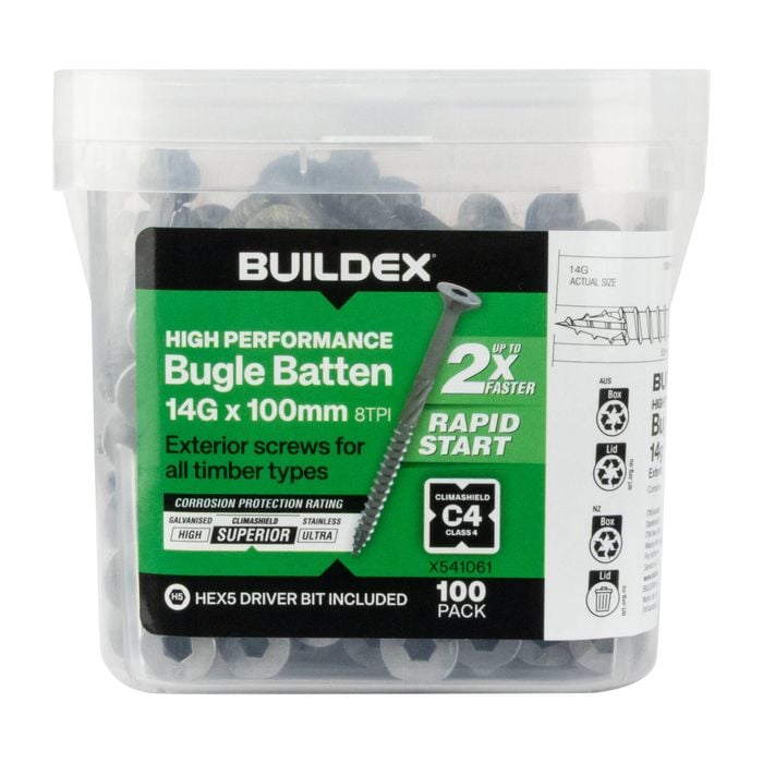 Buildex® 14G x 100mm Class 4 Bugle Batten Screws - 100 pack - Bunnings Australia