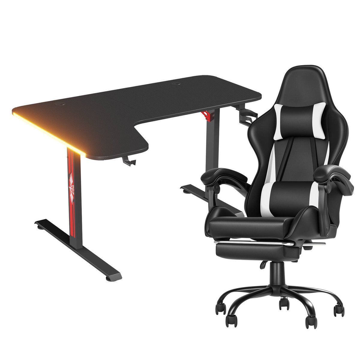Advwin 140cm Black Gaming Desk RGB LED Light & Gaming Chair with ...