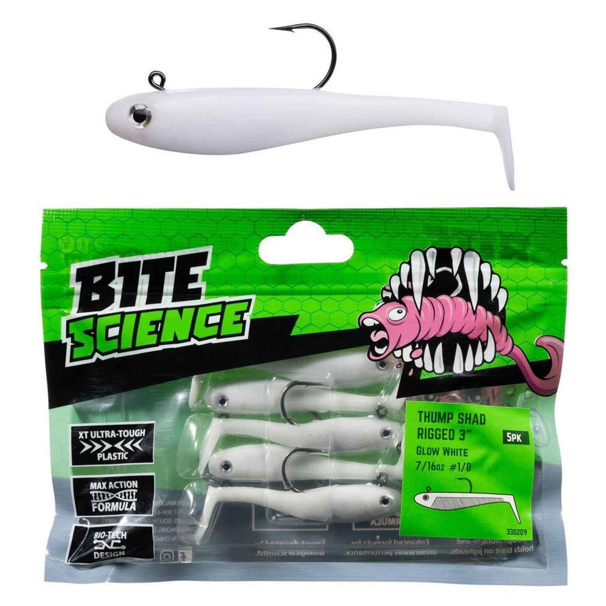 5 Pack of 3 Inch Bite Science Thump Shad Rigged Soft Plastics - Glow ...