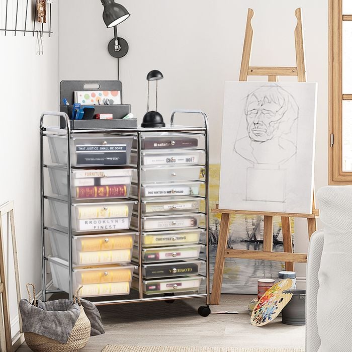 Costway 15-Drawer Storage Trolley Cart Filing Cabinet Clear - Bunnings ...