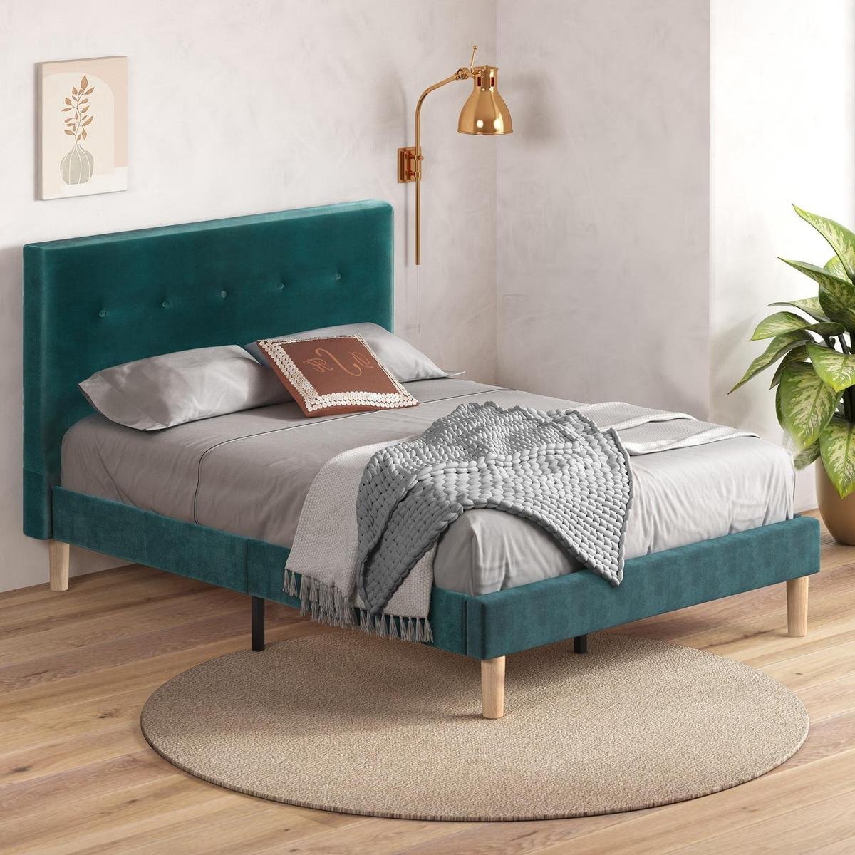 Zinus Double Lush Bed Frame Velvet Fabric Bed - Green - Bunnings Australia