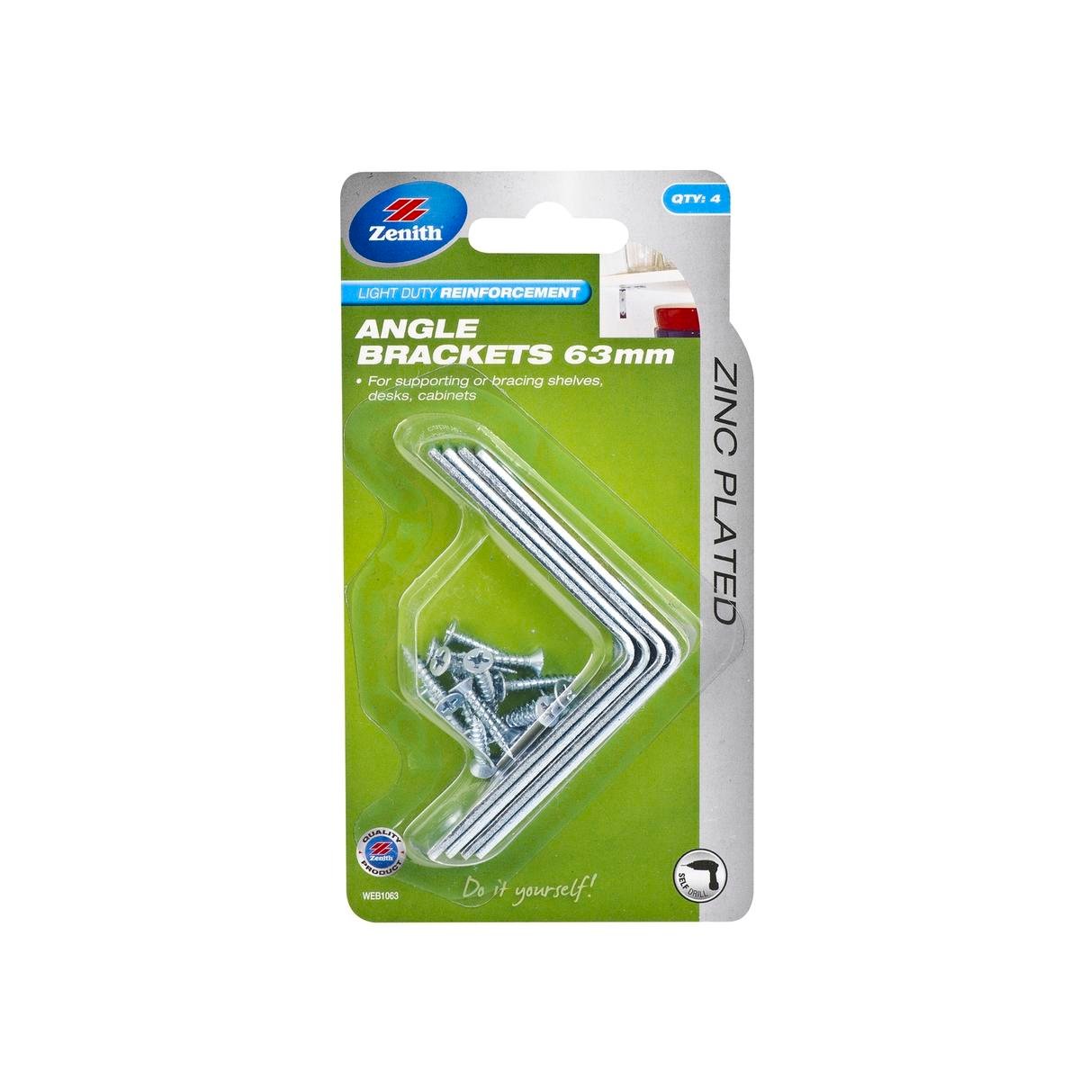 Zenith 63mm Zinc Plated Angle Brackets - 4 Pack - Bunnings Australia