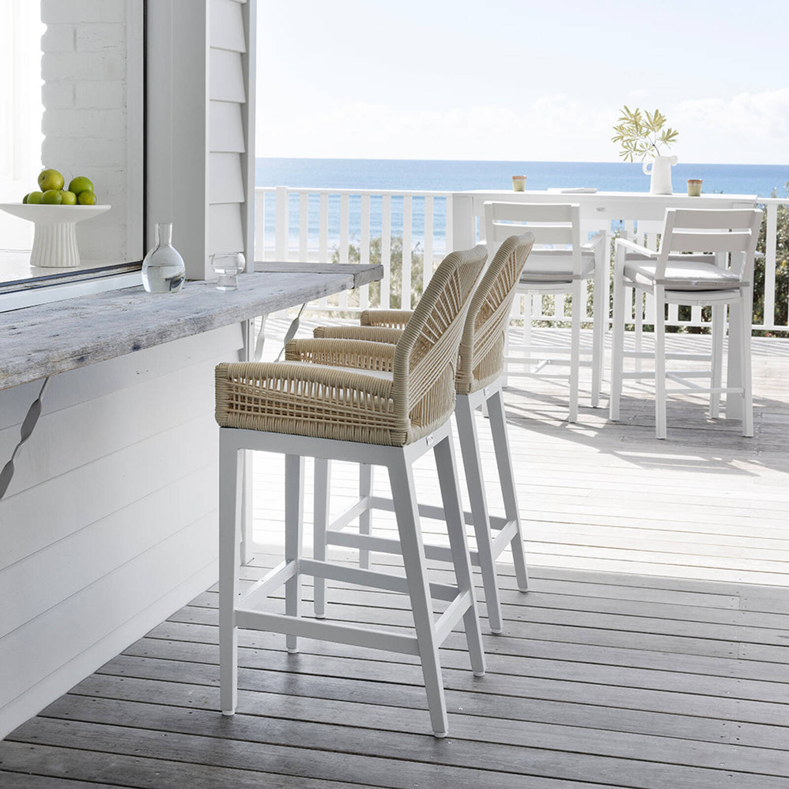 Hugo Outdoor Aluminium and Rope Bar Stool White Grey Rope Textured Olefin Grey Bunnings Australia