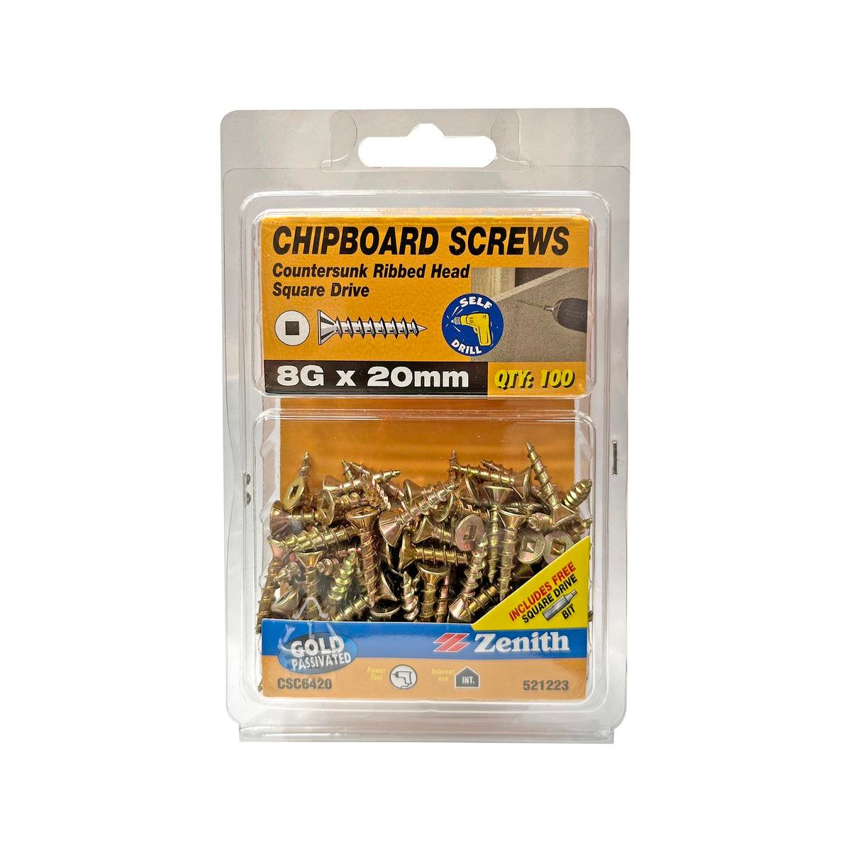 Zenith 8G x 20mm Gold Passivated Square Drive Chipboard Screw - 100 ...