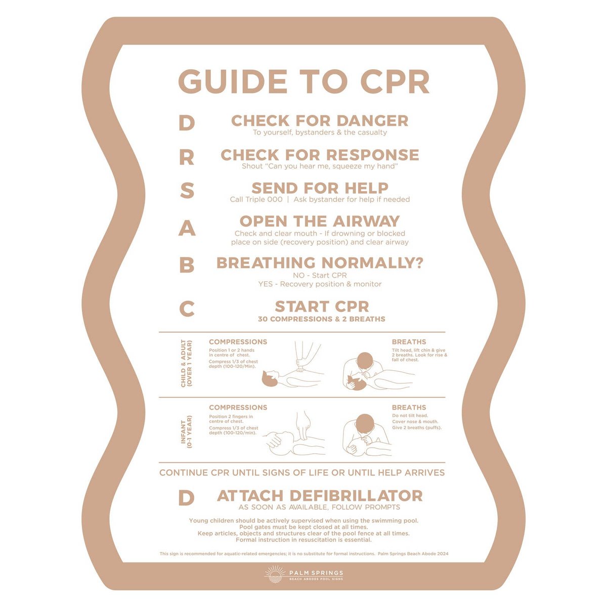 Stylish Pool CPR Sign Beige & White Wave - Bunnings Australia