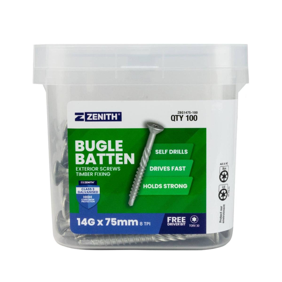 ZENITH 14G - 8 x 75mm Class 3 Galvanised Bugle Batten Screws - 100 Pack ...