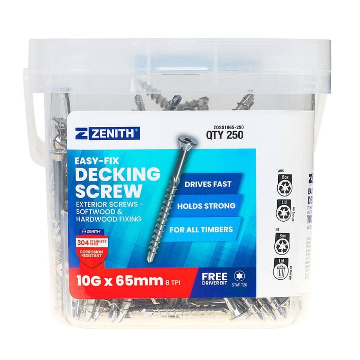 Zenith Easy-Fix Decking Screw T20 10G x 65mm SS304 - 250 Pack ...