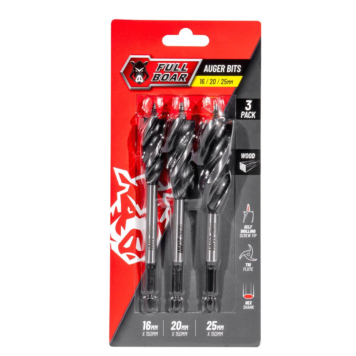 Full Boar 16 20 25mm Auger Bits FABS-3 - 3 Pack - Bunnings Australia