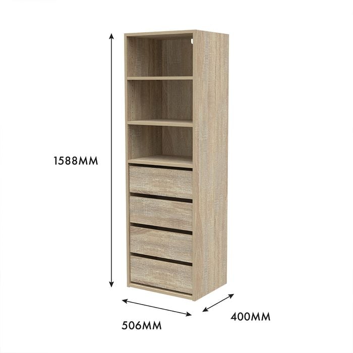 Flexi Storage Wardrobe 400mm Oak 3 Shelf And 4 Drawer Unit - Bunnings New Zealand