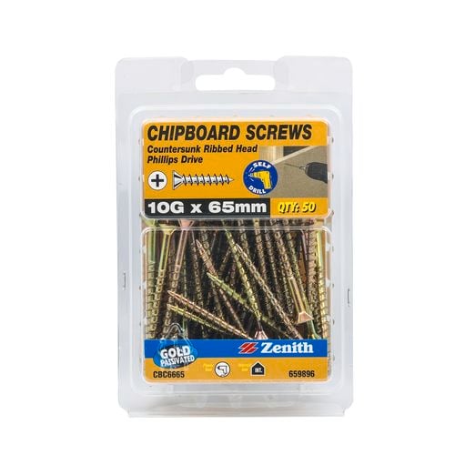 Zenith 10G x 65mm Gold Passivated Countersunk Rib Head Chipboard Screws ...