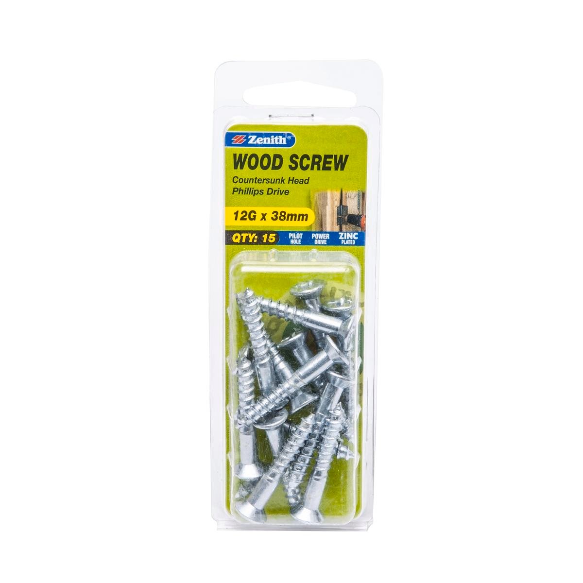 Zenith 12G x 38mm Zinc Plated Countersunk Head Wood Screws - 15 Pack ...