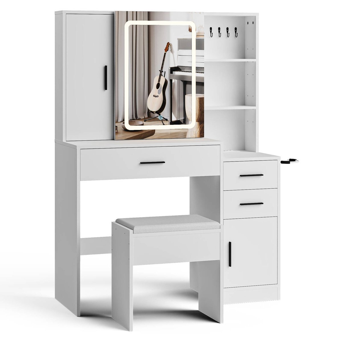 Advwin Dressing Table Stool Set with Mirror LED Lights Jewelry Armoire ...