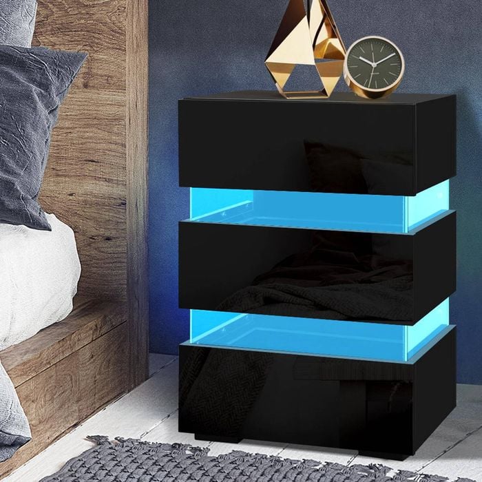 Artiss Bedside Table RGB LED 3 Drawers Gloss Black Bunnings Australia