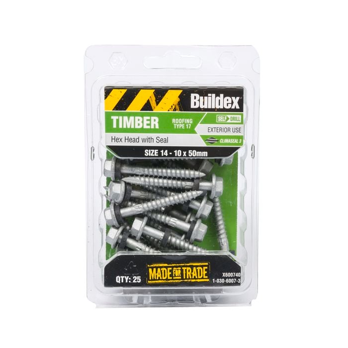 Buildex 14 - 10 x 50mm Climaseal Hex Head With Seal Timber Screws - 25 ...