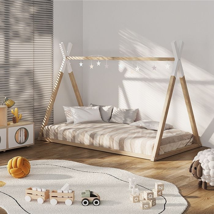 Oikiture Wooden Bed Frame Single Timber Teepee House Base Platform ...