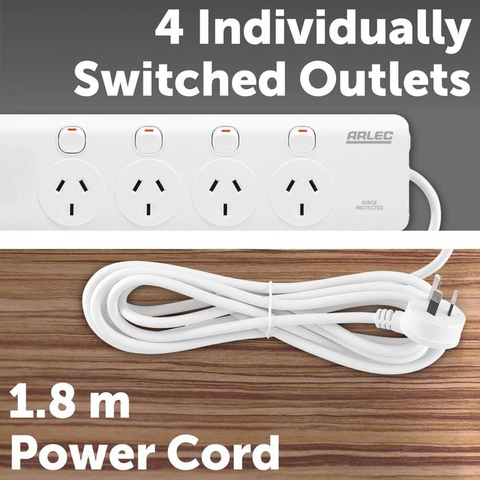 Arlec 4 Outlet Individually Switched Surge Powerboard With PD30W Rapid ...