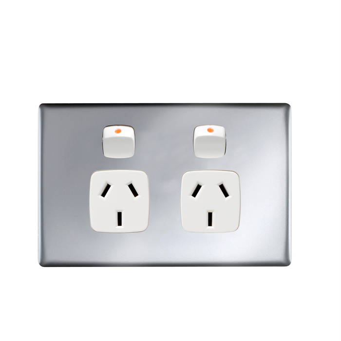 HPM Matt Silver and White Linea Double Powerpoint - Bunnings New Zealand