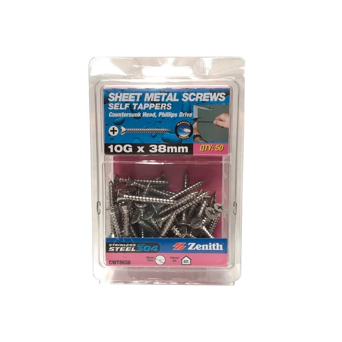 Zenith 10G x 38mm Stainless Steel Countersunk Head Sheet Metal Screws ...