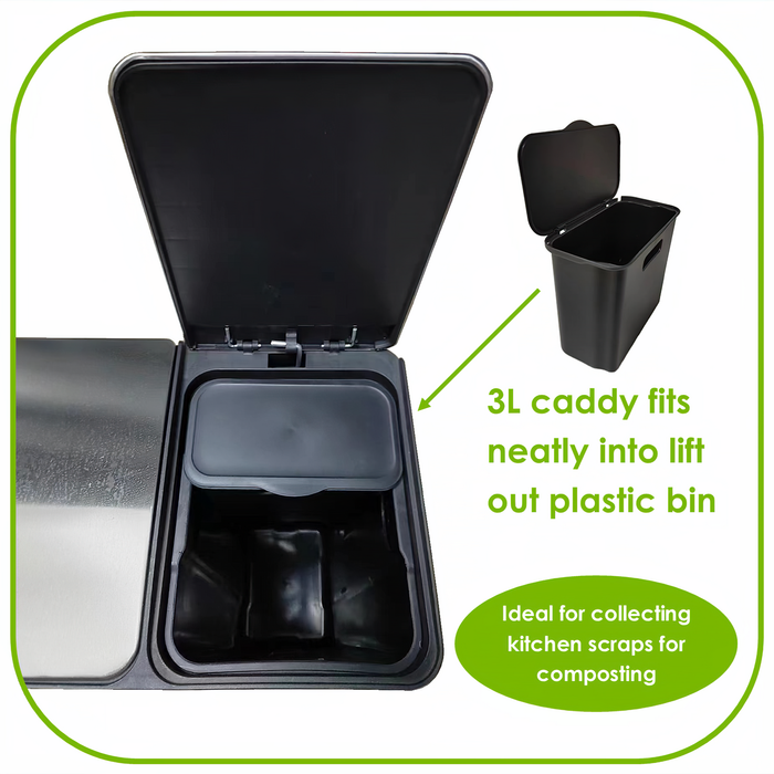 MAZE Black 2 Compartment Pedal Bin with Caddy - 2 x 30L plus 3L Caddy ...