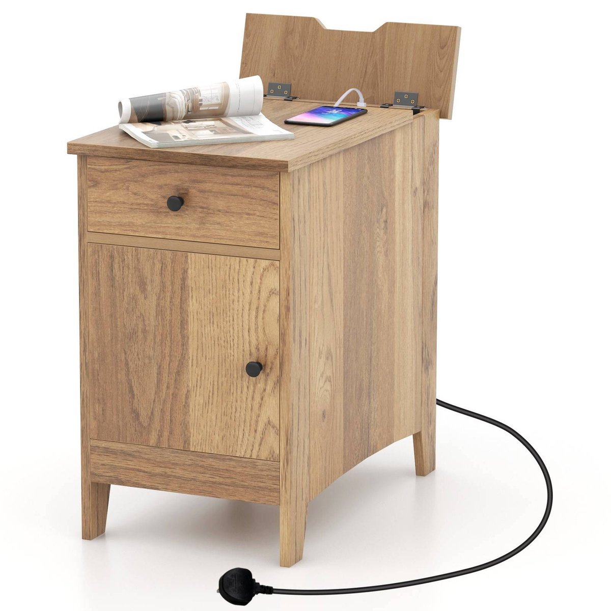 Costway End Table Narrow Nightstand Side Table w/USB Ports & Outlets - Natural - Bunnings Australia