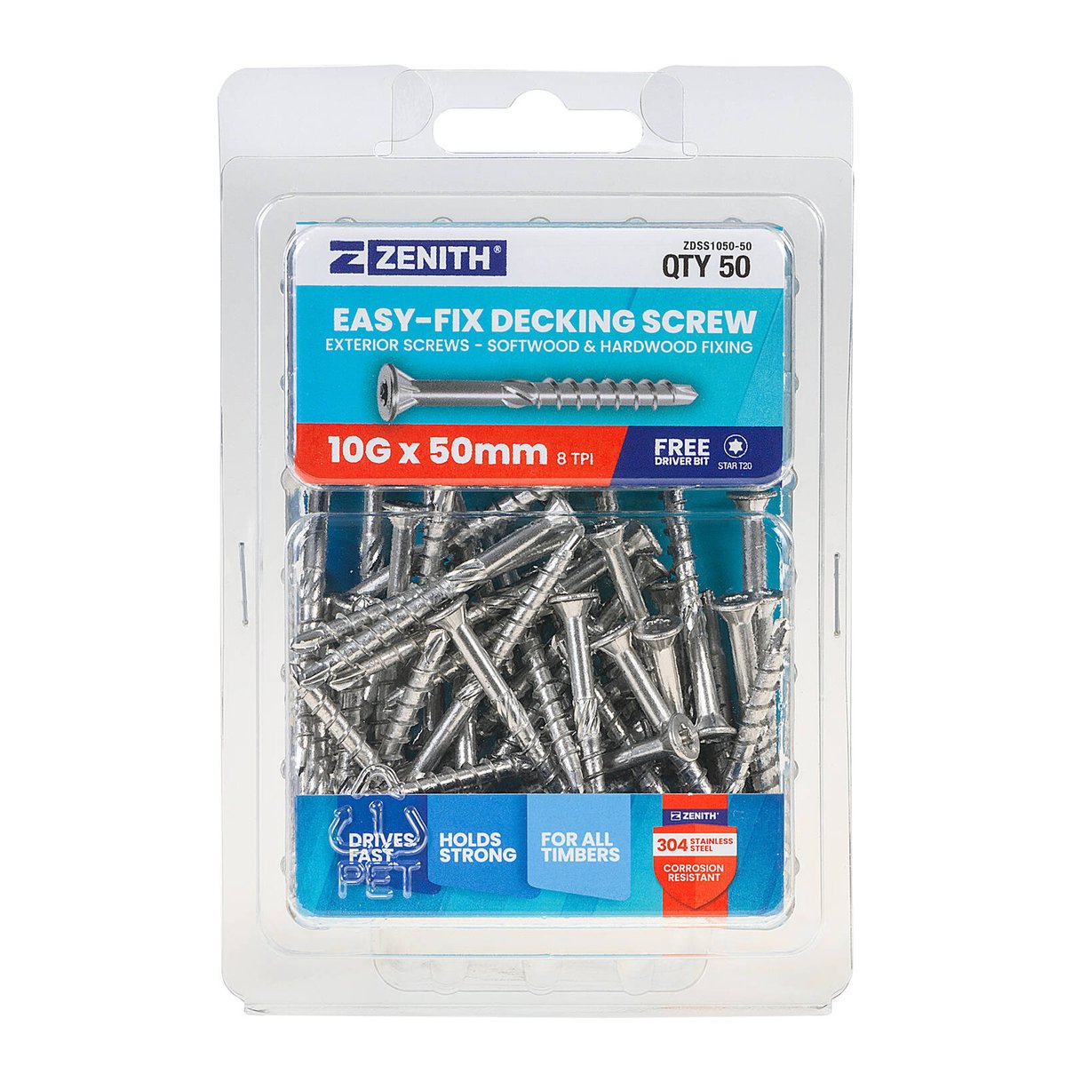 Zenith Easy-Fix Decking Screw T20 10G x 50mm SS304 - 50 Pack - Bunnings ...