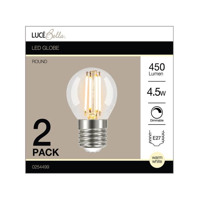 Luce Bella Filament Round E27 LED Dimmable 450lm Warm White 4.5W Globe ...