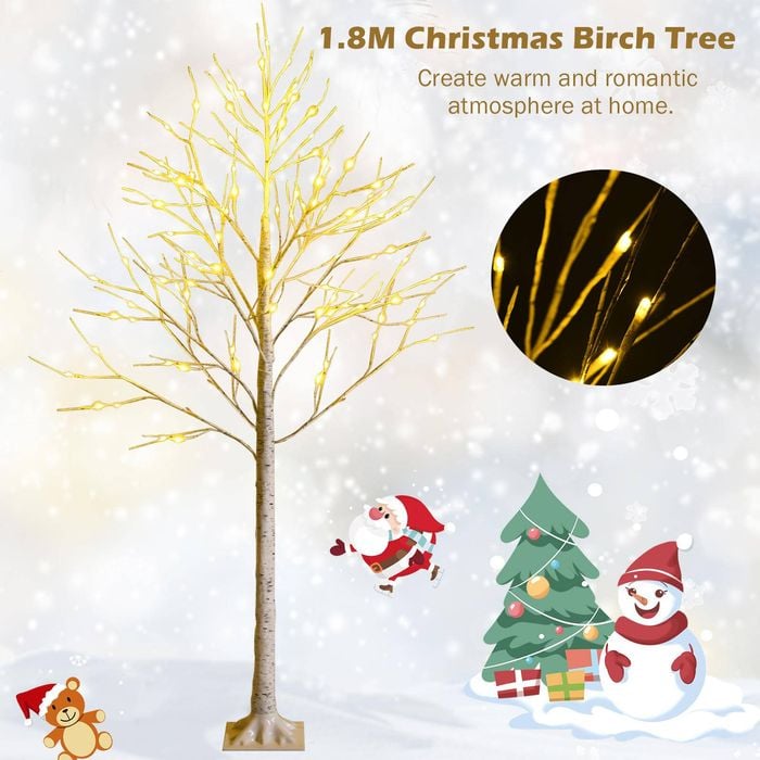 Costway 1.8M Pre-Lit Birch Christmas Tree White Xmas Decoration 96 LEDs - Bunnings Australia