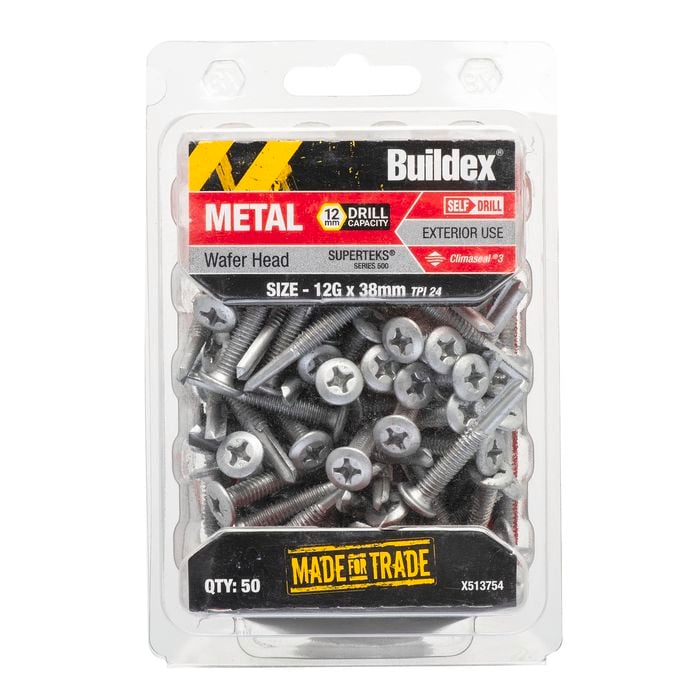 Buildex Metal Superteks C3 Wafer Head Screws 12g x 38mm Bx50 - Bunnings ...
