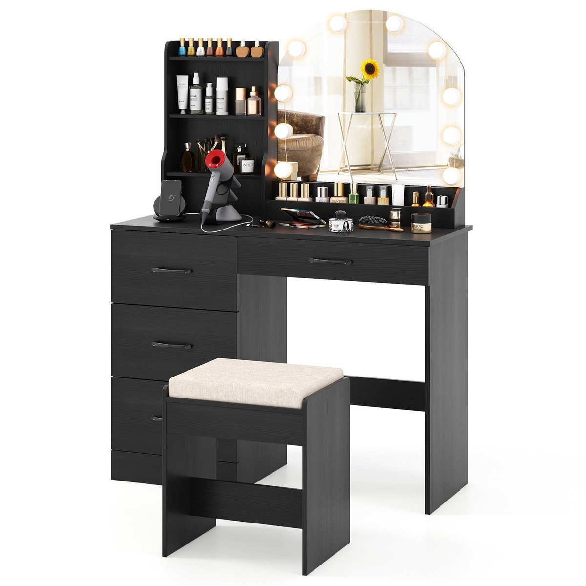 Costway Modern Dressing Table Set W/charging Station 10 Led Bulbs Black ...