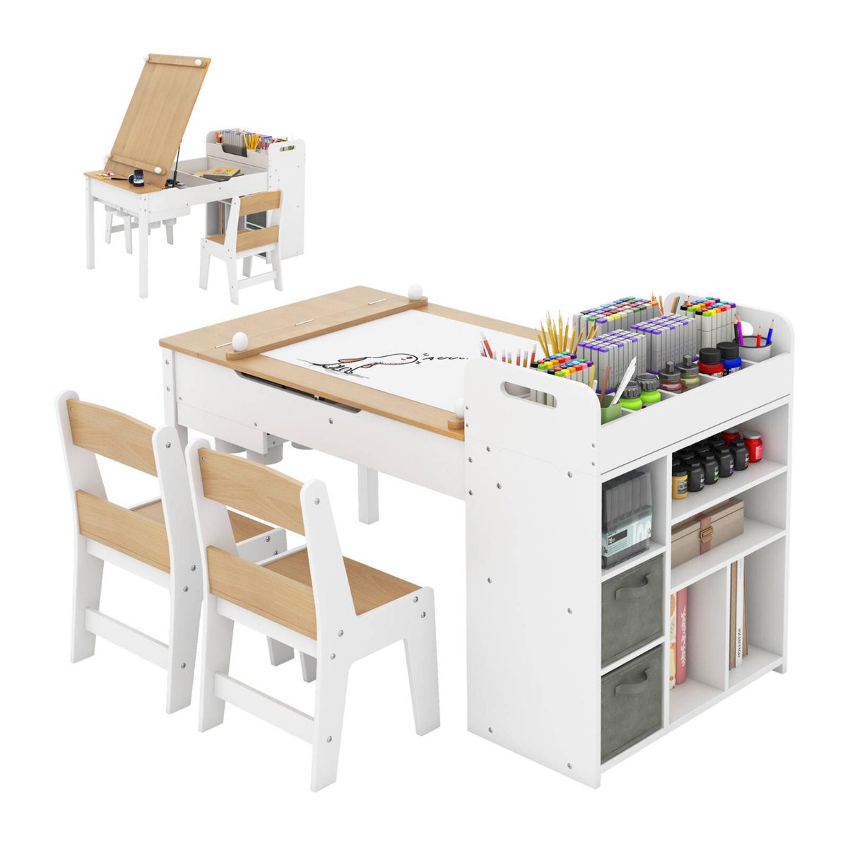 Costway Kids Art Table & 2 Chairs w/Paper Roll Craft Activity Drawing ...