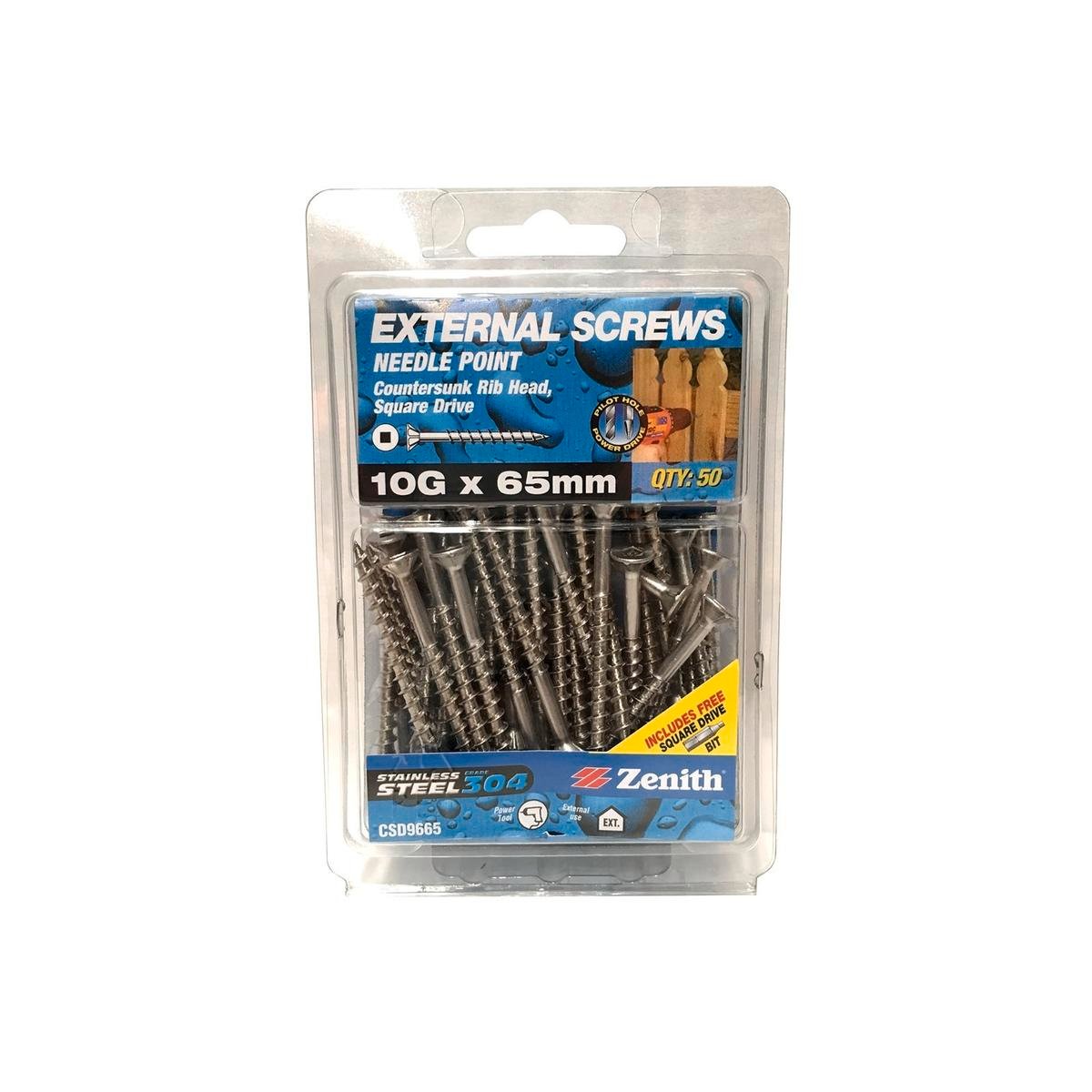 Zenith 10G x 65mm Stainless Steel 304 Square Drive External Screw - 50 ...