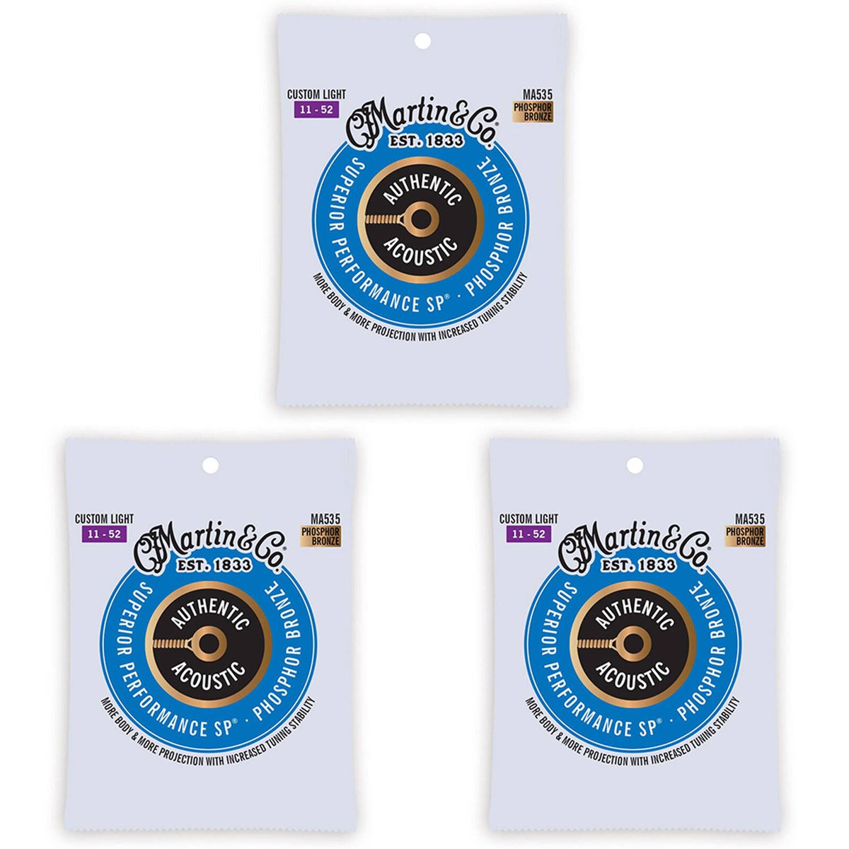 3PK Martin Guitar MA535 Authentic Strings 92/8 Phosphor Bronze Custom ...