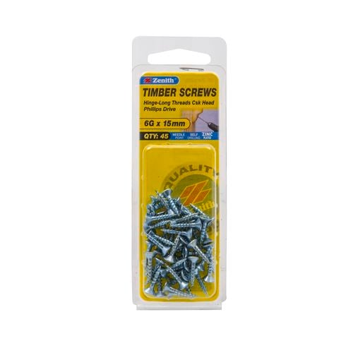 Zenith 6G x 15mm Zinc Plated Timber Screw - 45 Pack - Bunnings New Zealand