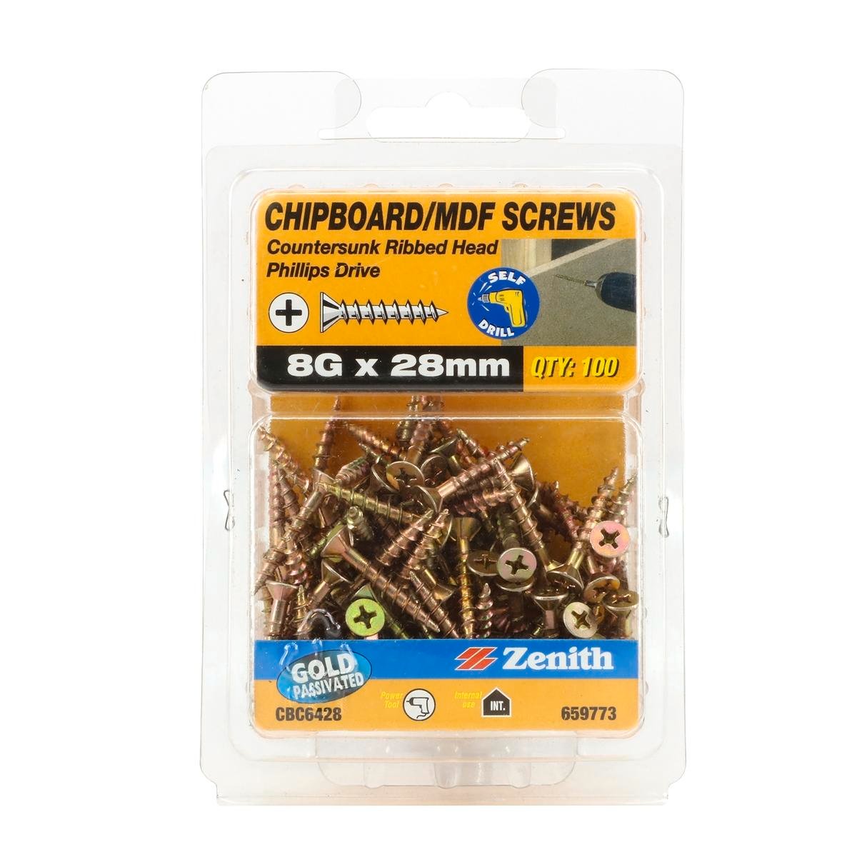 Zenith 8G x 28mm Gold Passivated Countersunk Rib Head Chipboard Screws ...