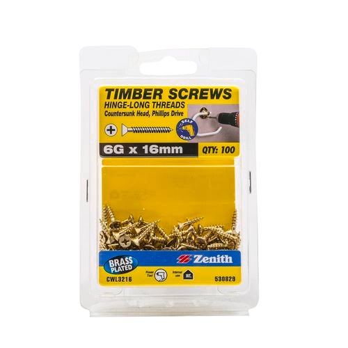 Zenith 6G x 16mm Brass Plated Hinge-Long Thread Countersunk Head Timber ...