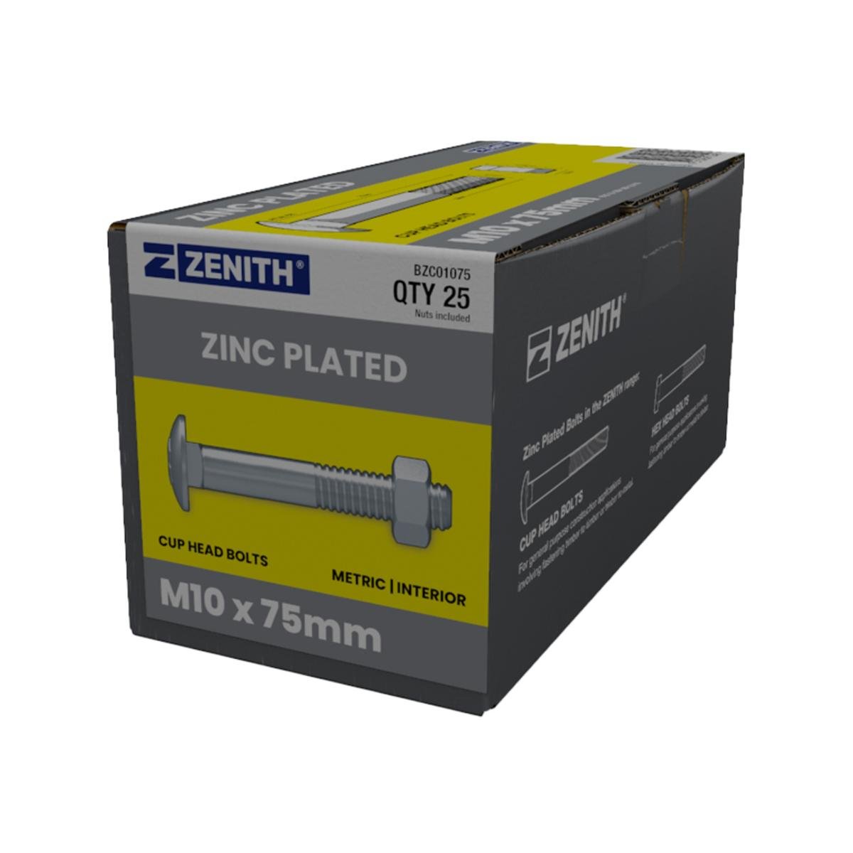 ZENITH M10 x 75mm Zinc Plated Cup Head Bolts & Nuts - 25 Pack ...