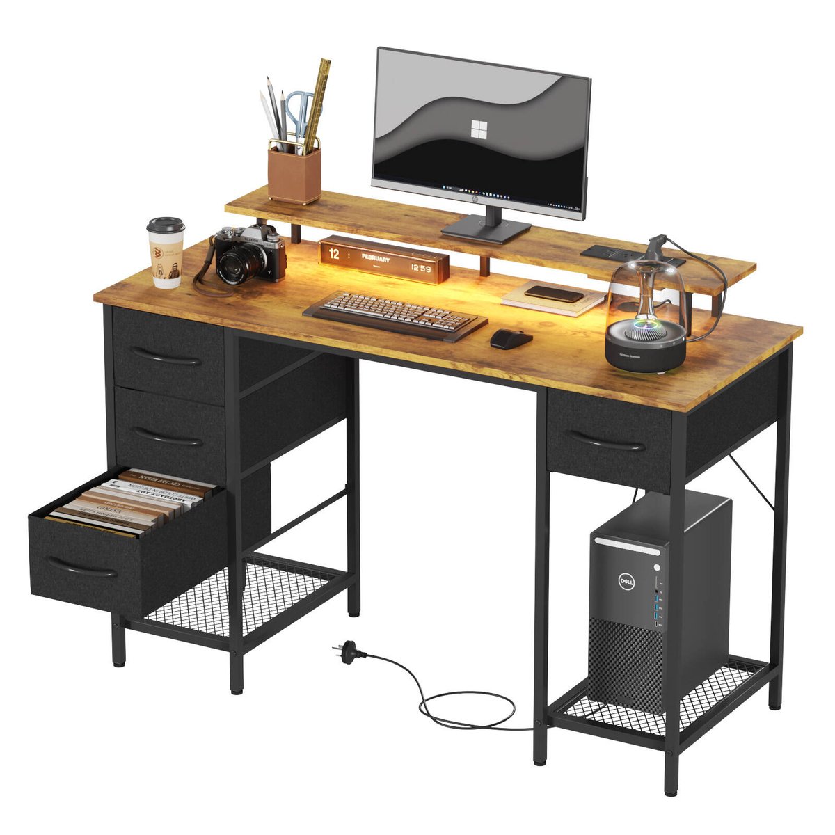 Advwin 120cm Computer Gaming Desk with LED Lights Power Outlets Walnut ...